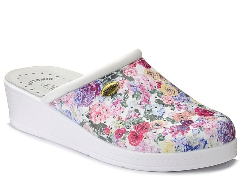 Klapki damskie medyczne na koturnie skórzane w kwiaty Sanital Flex 707 ...