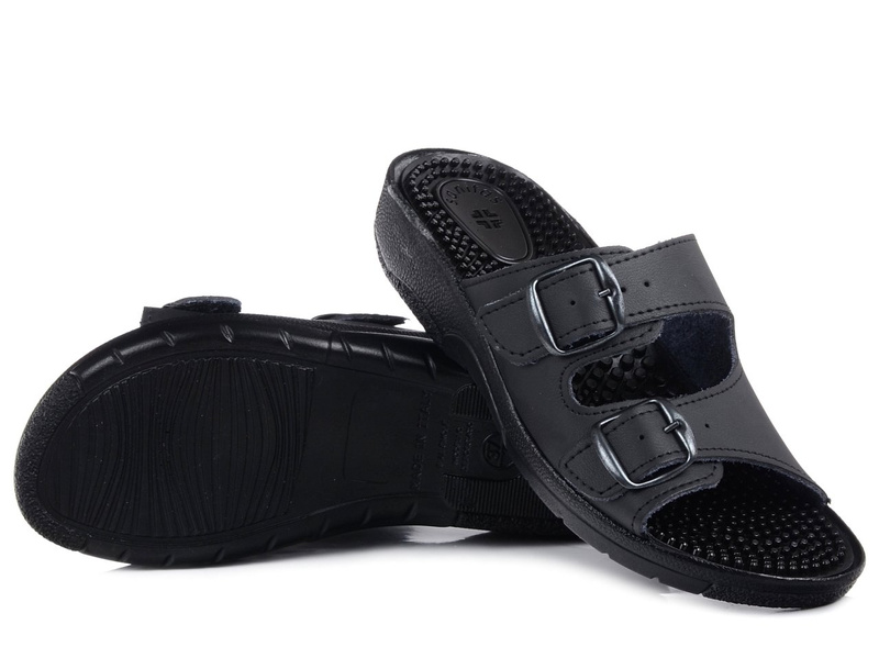 Klapki damskie skórzane medyczne czarne fakirki masujące z kolcami ...